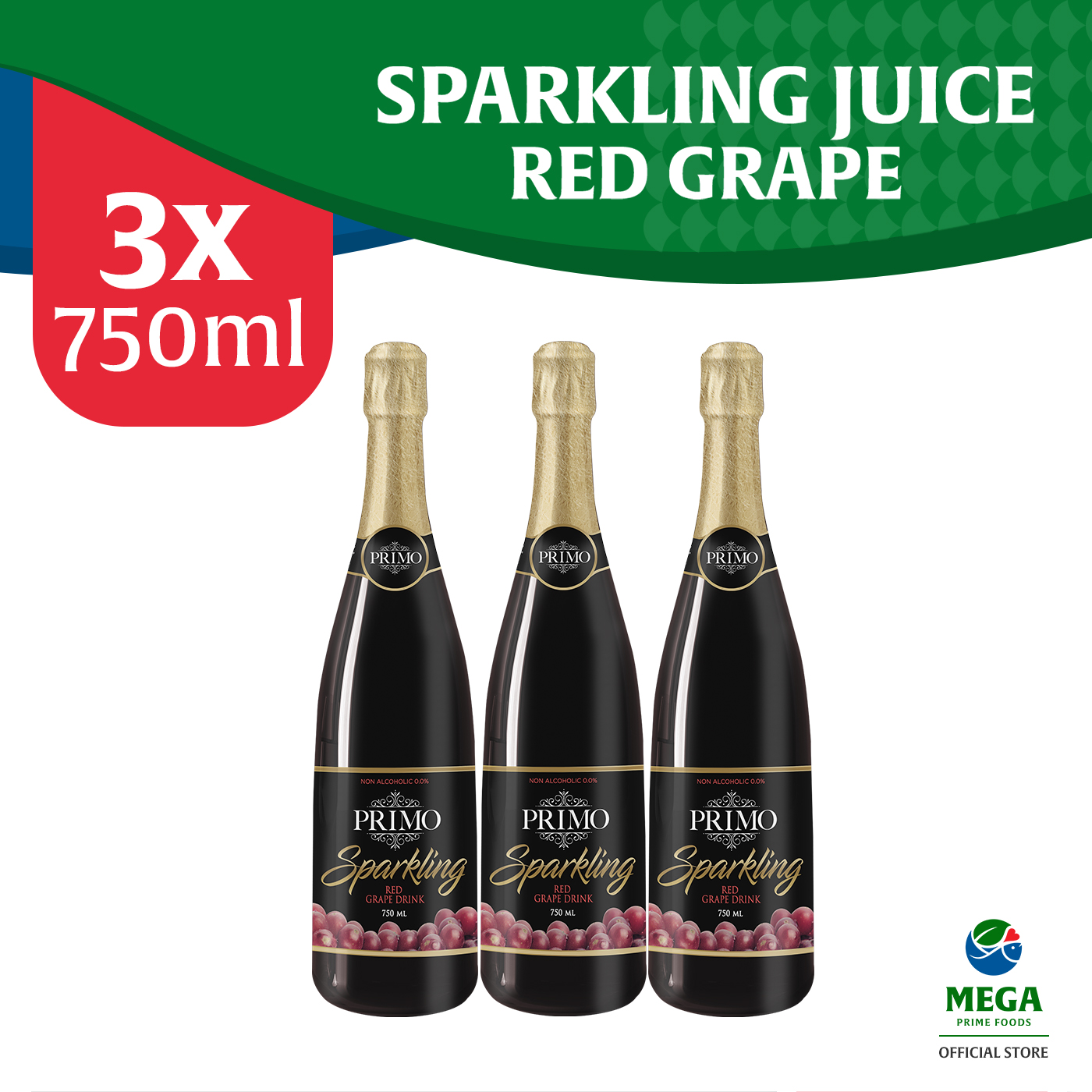 Primo Red Grape Sparkling Juice 750Ml By 3'S