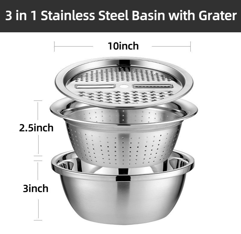 10inch 3in1 Stainless Steel Basin with Grater Vegetable Cutter Wash ...