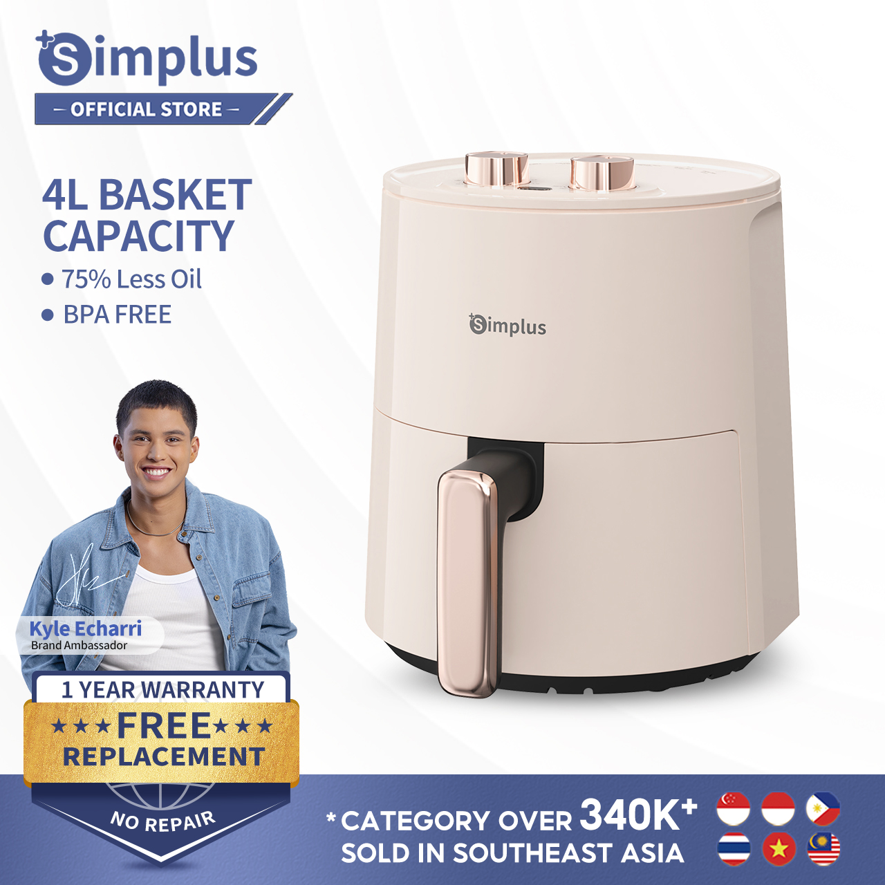 Simplus 4L/5L Air Fryer 1300W Electric Fryer Oil Free Non Stick Pan Knob Control Timer Fryer ...