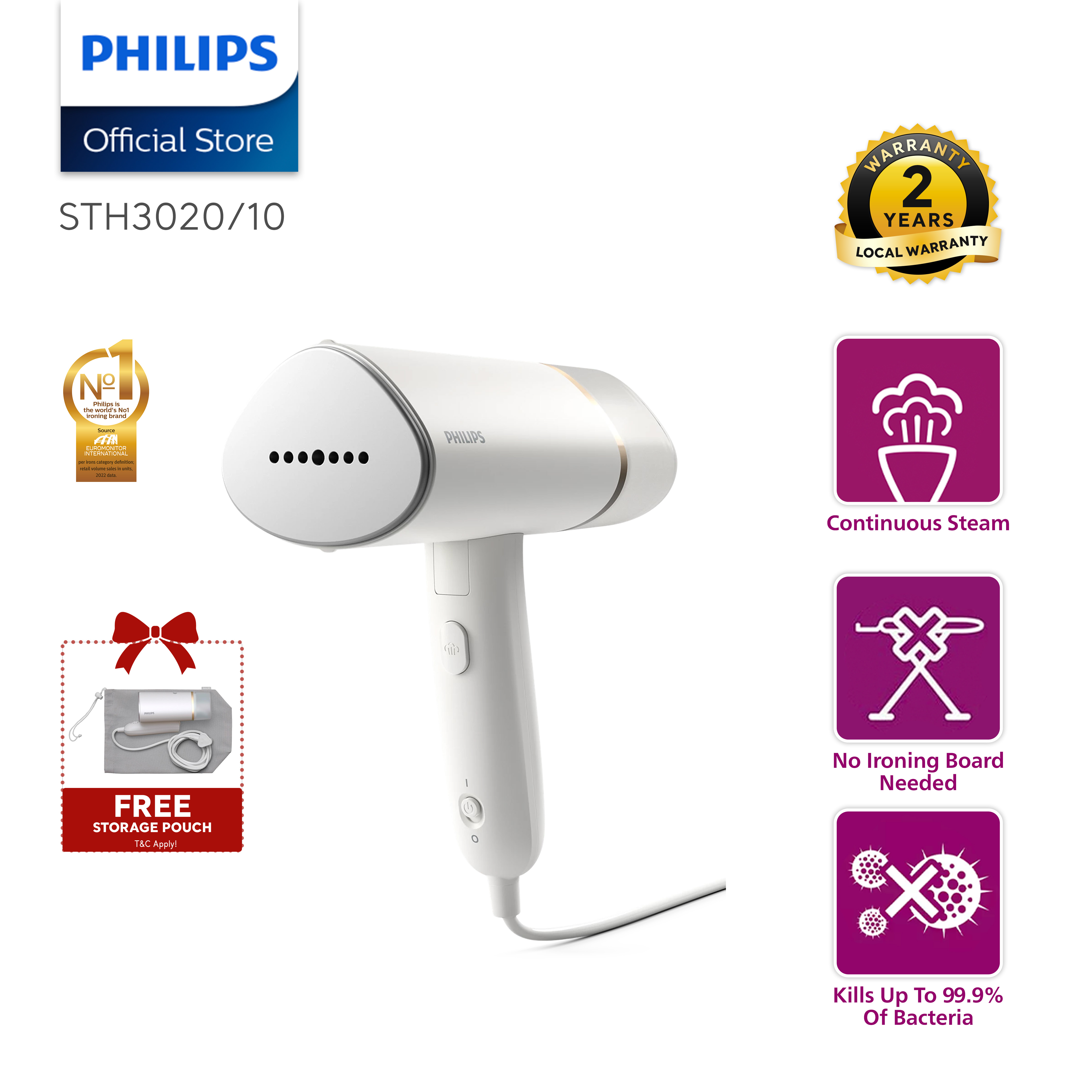 PHILIPS Foldable Handheld Compact Garment Iron Steamer STH3020/10 ...