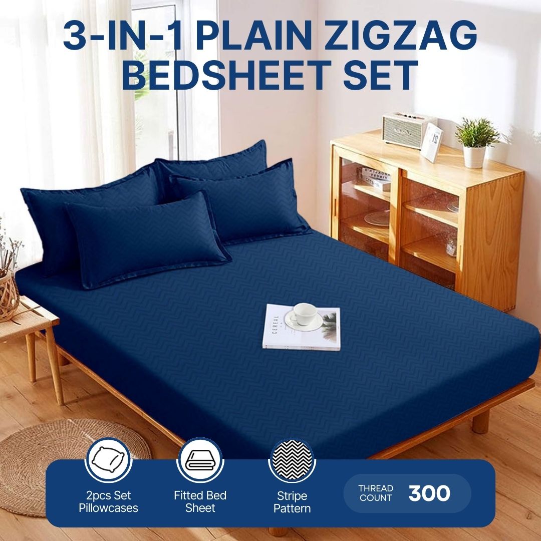 Product 3-in-1 Plain Dark Blue Zigzag Bedsheet Set – Fully Garterized ...