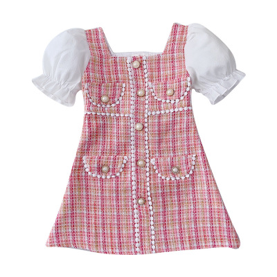 Sunday Kids Dress Knit Check Dress Pearl Embellishment Pink Short ...