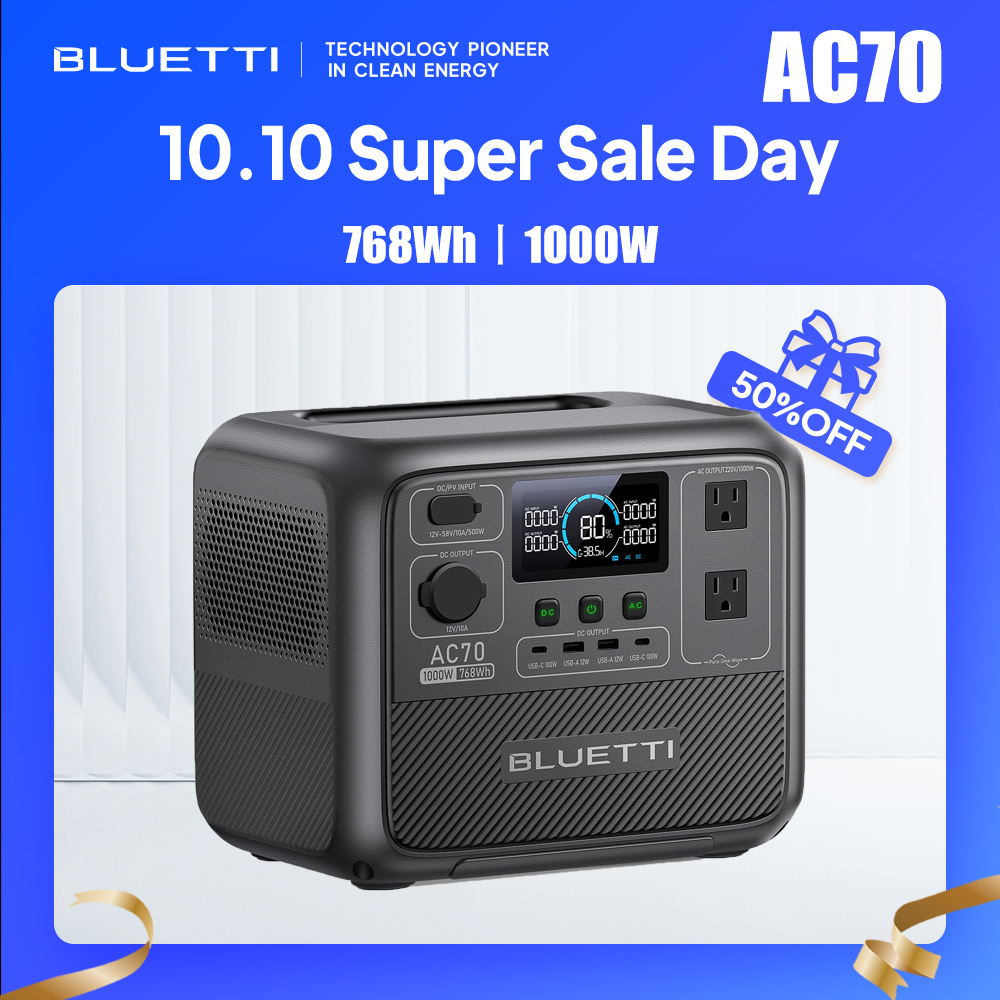 BLUETTI Portable Power Station AC70, 768Wh LiFePO4 Battery Backup w/ 2 1000W AC Outlets (Power ...
