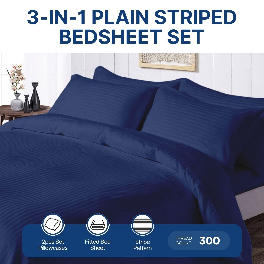 Product 3-in-1 Plain Striped Dark Blue Bedsheet Set – Corner Garterized ...