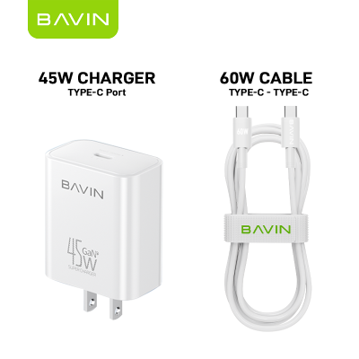 BAVIN PC2066 45W GaN PD Fast Charger AC Adapter w/ Type-C to Type-C ...