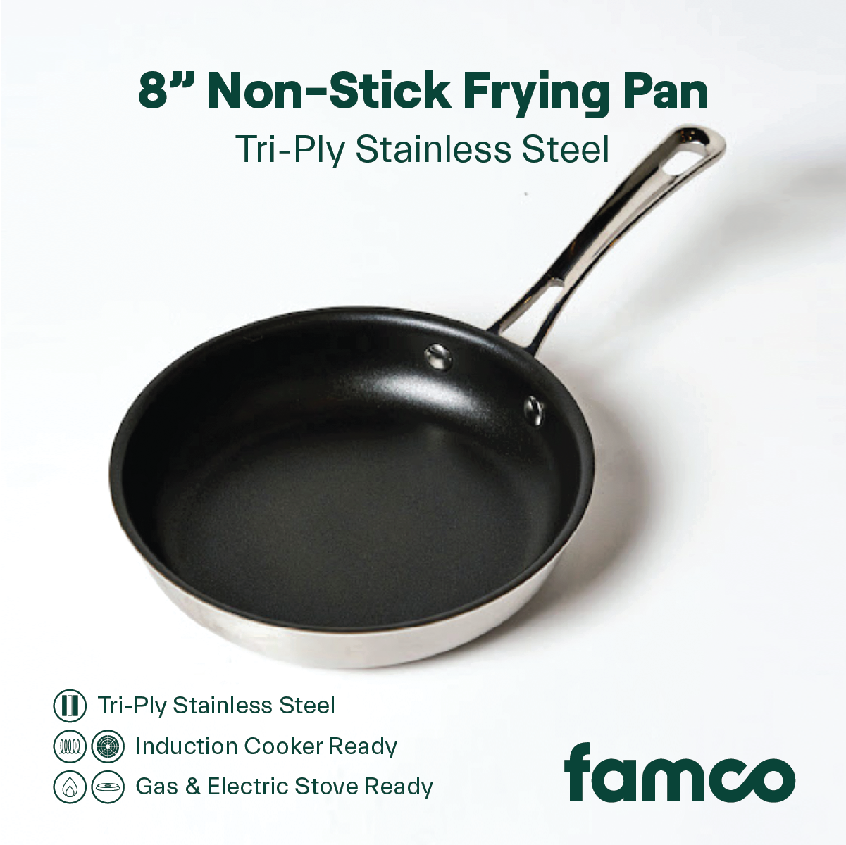 Famco 8" Non-Stick Frying Pan 20cm, Tri-Ply Stainless Steel ...