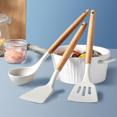 GOOD-SHOP 3PCS Set Wooden Handle Non-Stick Spatula White Silicone ...
