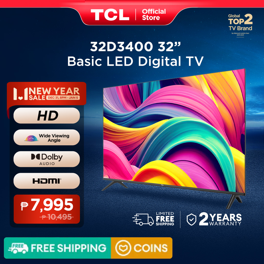 TCL 32 Inch Basic LED Digital TV - 32D3400 (Digital ISDBT Tuner, USB Multimedia Function, Narrow ...