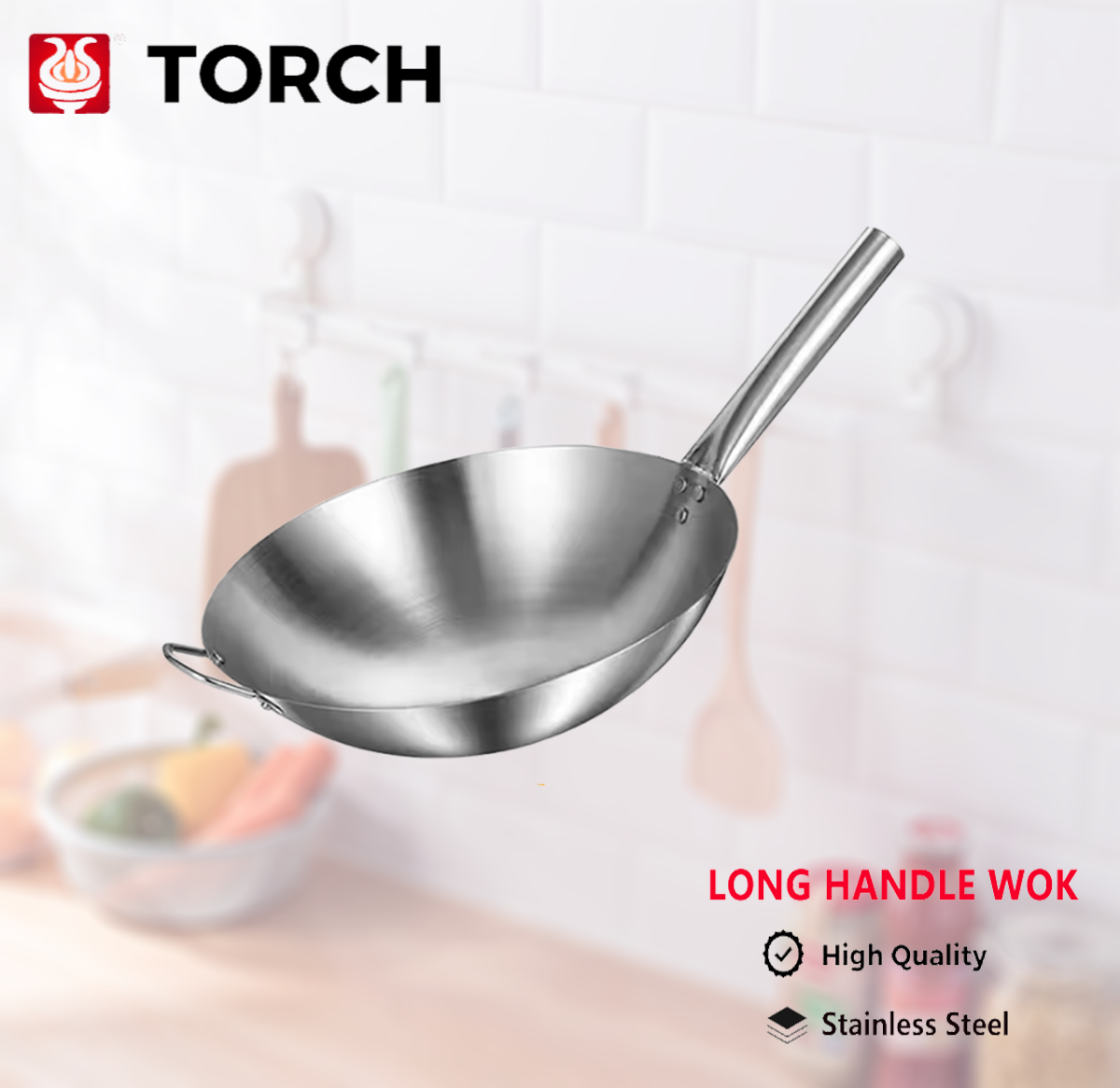 Stainless Wok Pan Long Handle Stainless steel frying pan Chinese wok ...