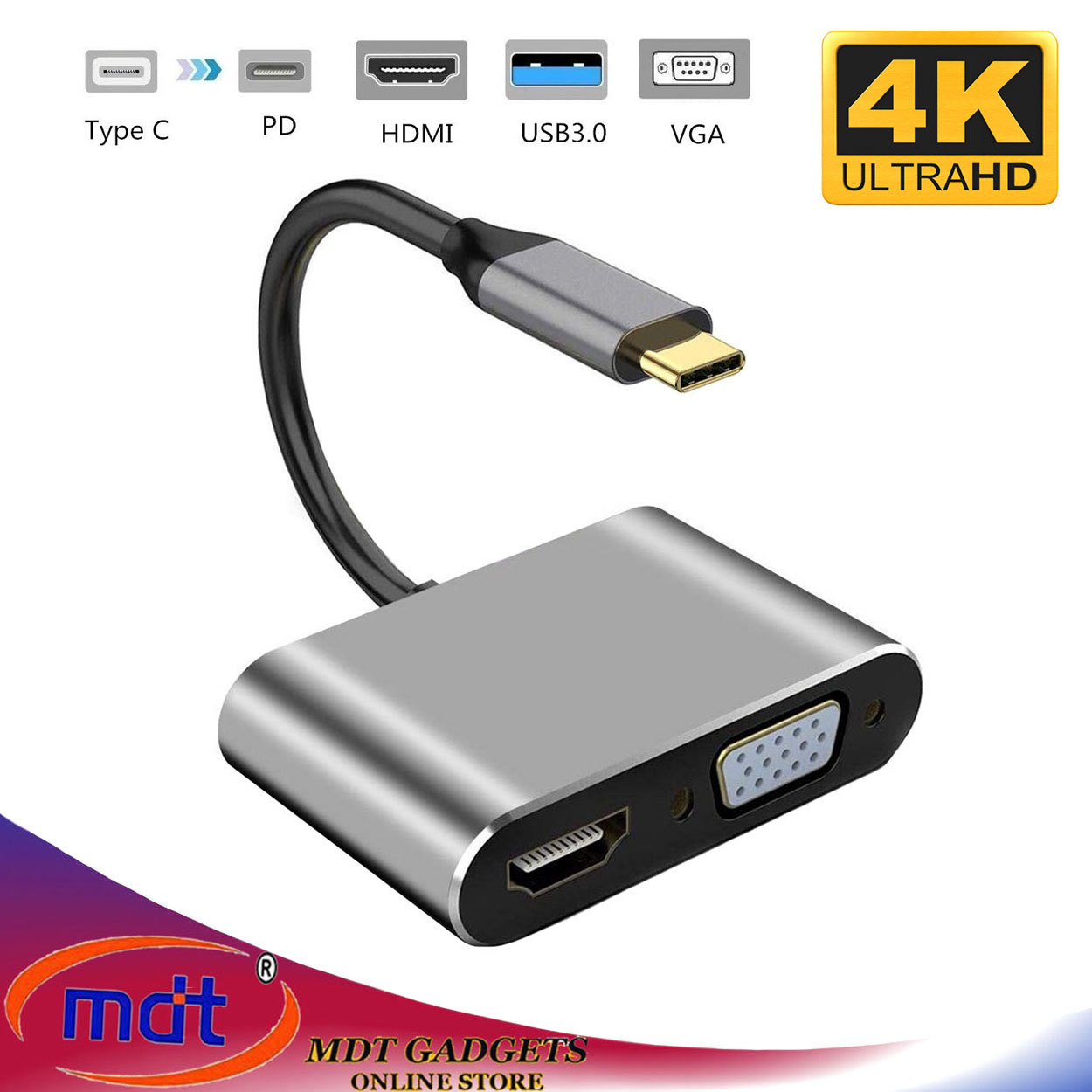 4 In 1 USB C Type C To HDMI 4K VGA USB 3.0 PD Adapter Audio Video ...
