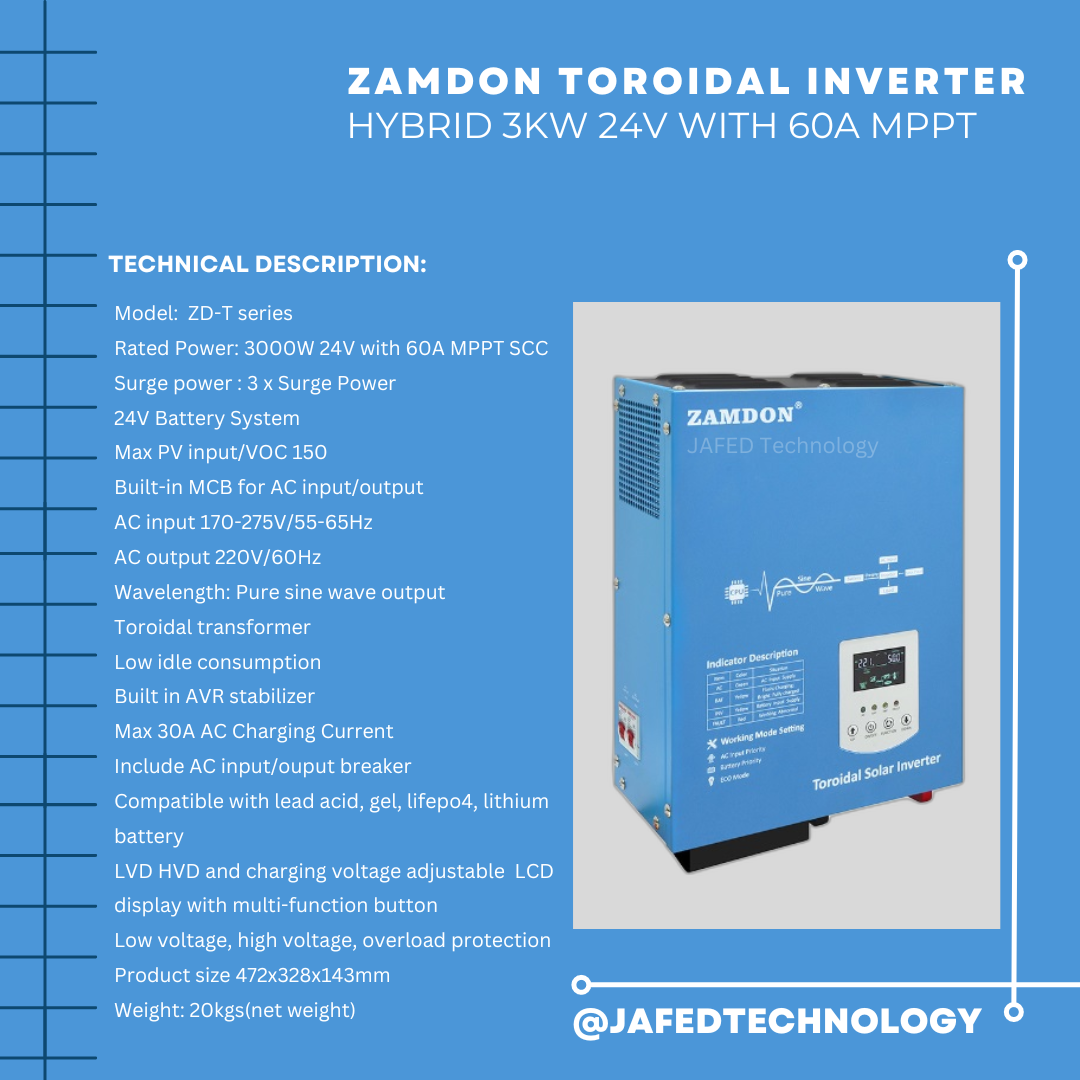 ZAMDON Toroidal Hybrid Power Inverter 3kw 24V with Built-in MPPT 60A ...