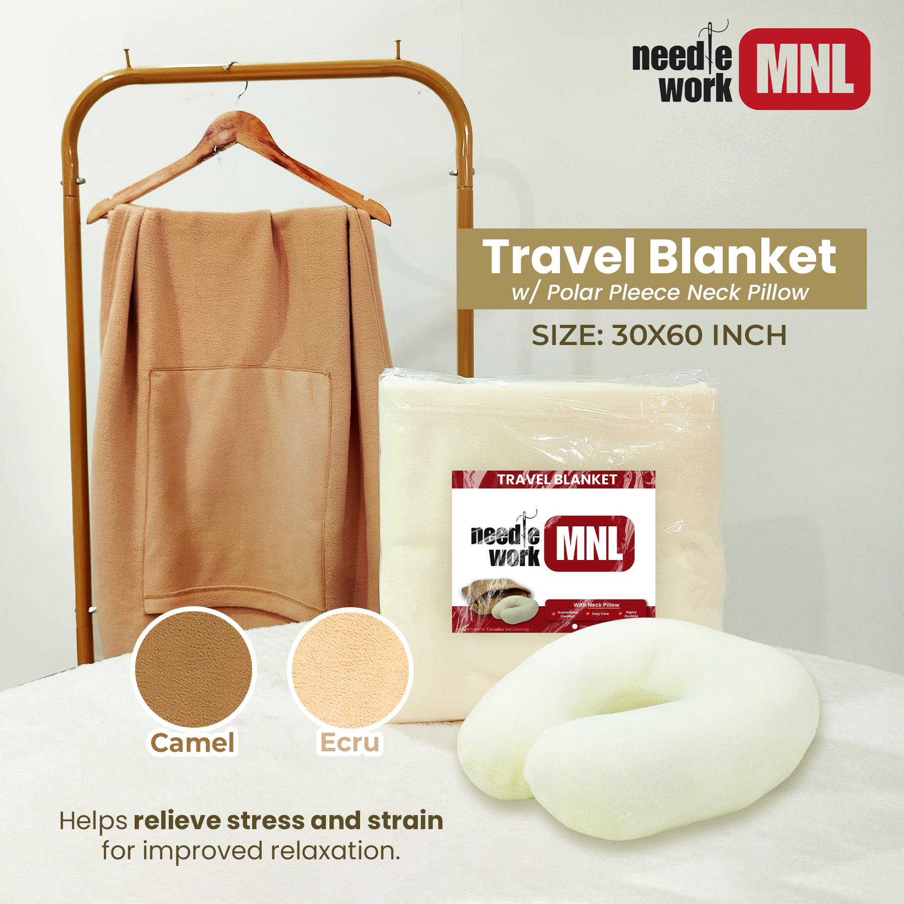 Needle Work Travel Blanket w/ Neck Pillow