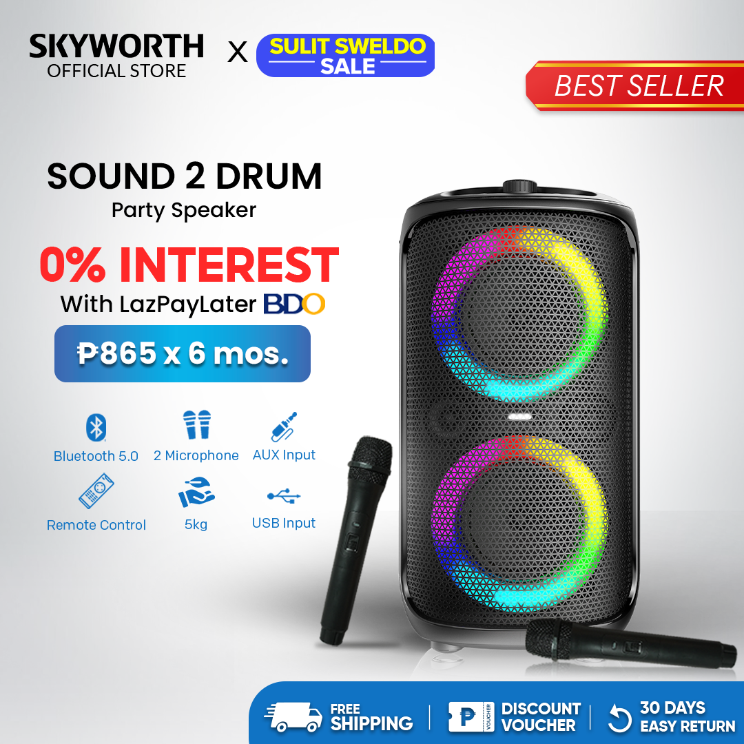 [0% Interest] SKYWORTH Sound 2 Drum Party Speaker with Wireless Mic Built In Lights 40W RMS ...