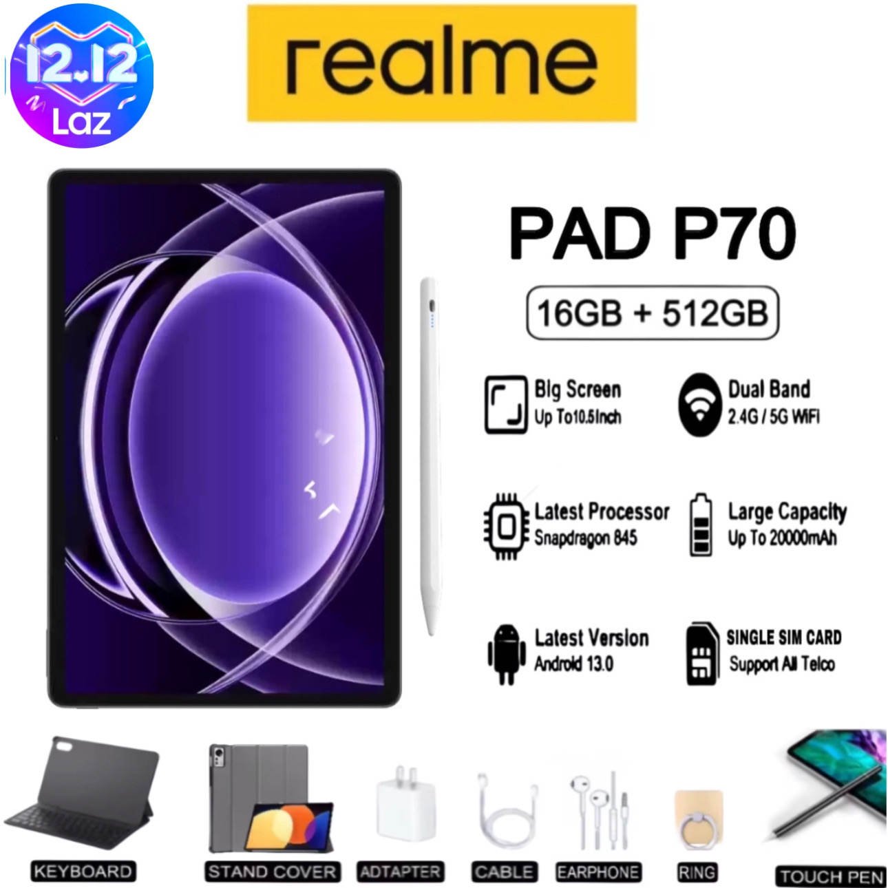 🎈 12.12 BIG PROMOTION 🎈 𝐑𝐞𝐚𝐥𝐦𝐞 Tablet P70 PRO 5G 𝐀𝐧𝐝𝐫𝐨𝐢𝐝 𝟏𝟑.0 16GB RAM 512GB ROM Dual SIM 5G LTE ...