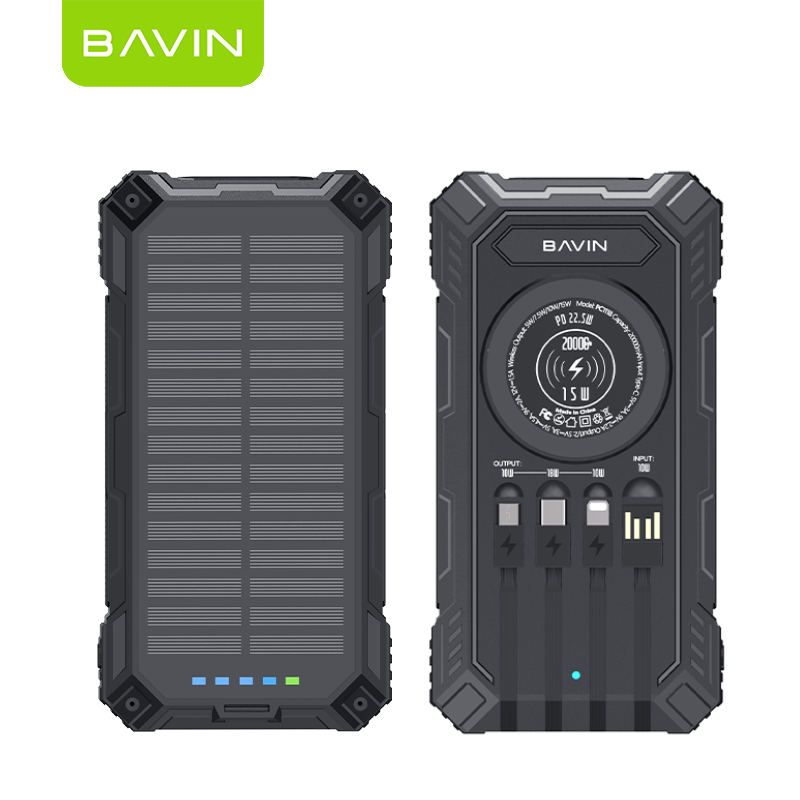 BAVIN PC1118 20000mAh Solar Powerbank 22.5W Fast Charging w/ Wireless Charge & Built-in Cables ...