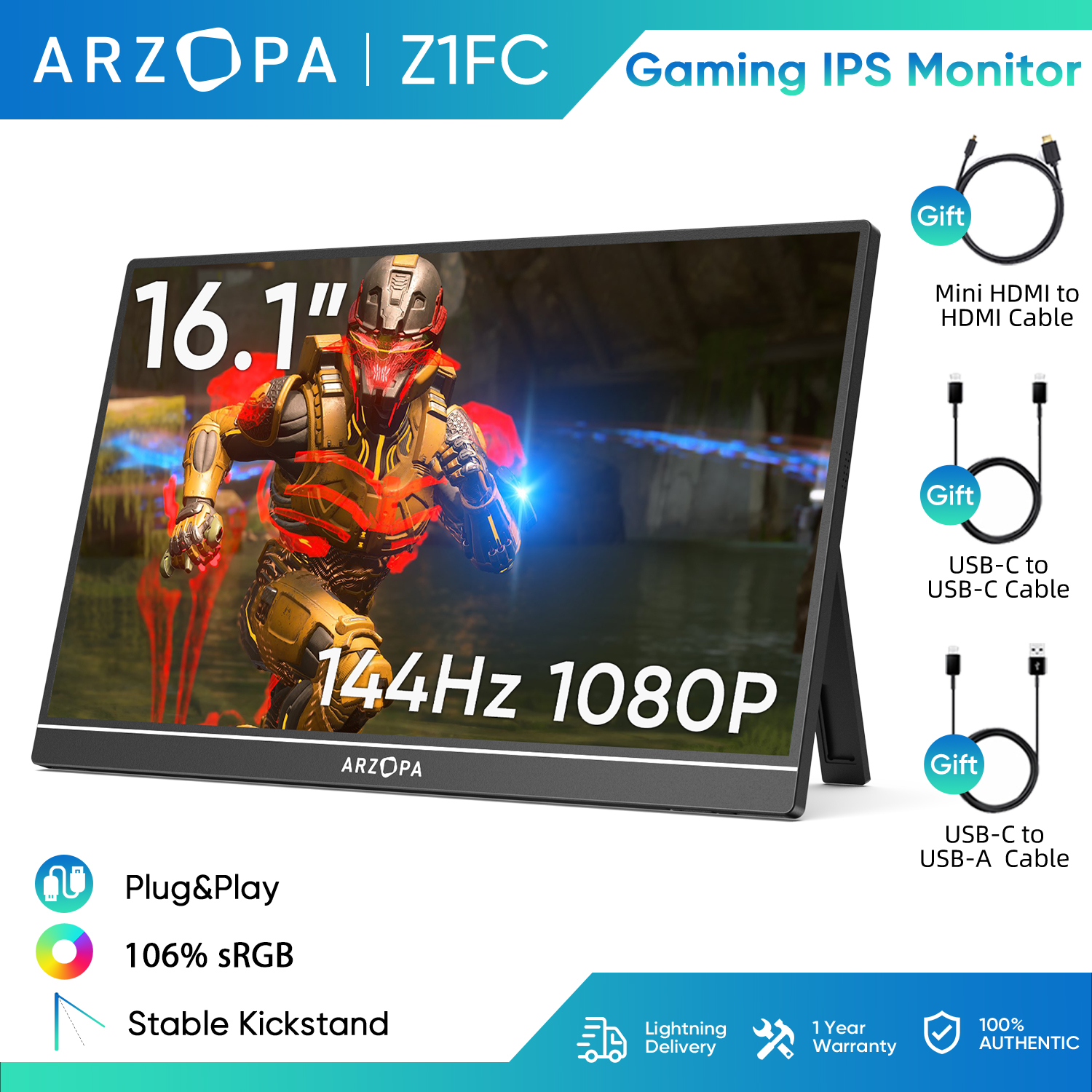 ARZOPA Z1FC- 16.1'' 144Hz Portable Gaming Monitor, 106% sRGB 1080P FHD ...