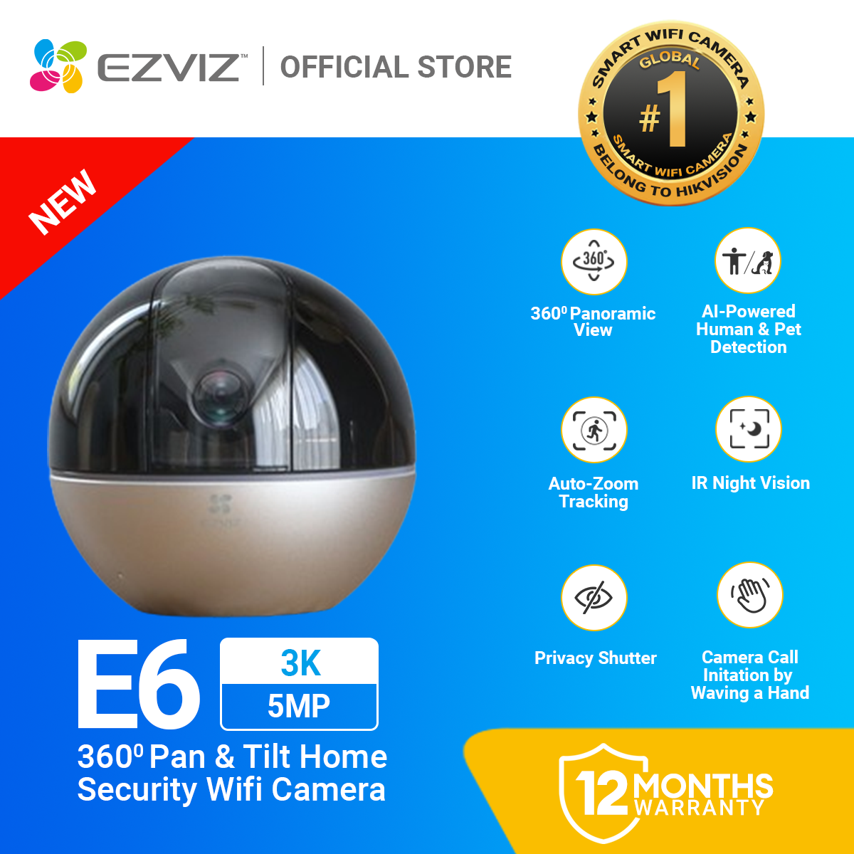 5MP IP Camera EZVIZ E6 3K Wifi Camera 360°Pan/Tilt Indoor IP Cam ...